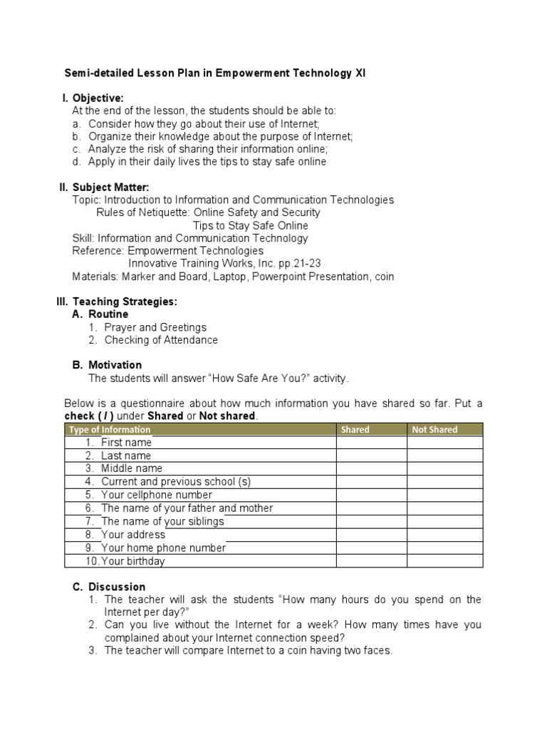 Semi Detailed Lesson Plan in Empowerment | PDF | Lesson Plan | Internet