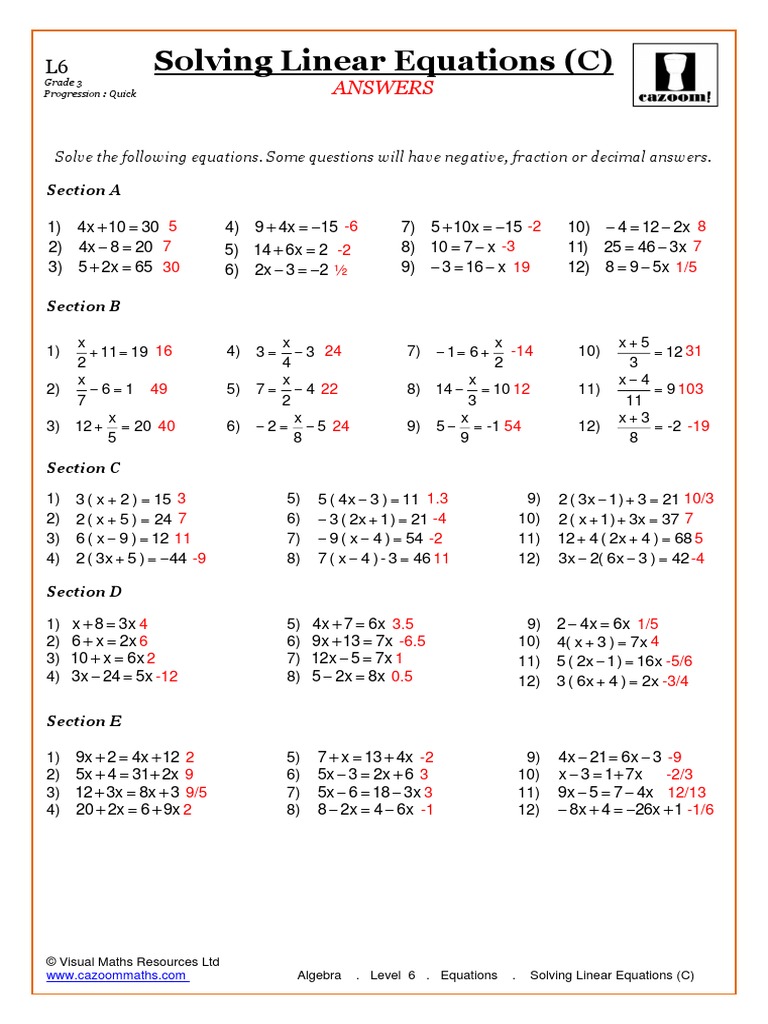Solving Linear Equations (C) : Answers | PDF | Equations | Algebra