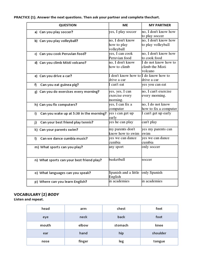 PRACTICE (1) - Answer The Next Questions. Then Ask Your Partner and ...
