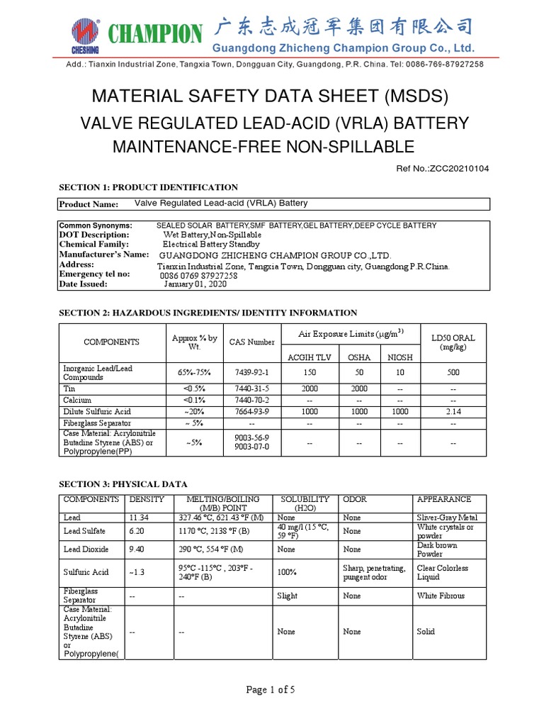 Material Safety Data Sheet (MSDS) : Valve Regulated Lead-Acid (Vrla ...