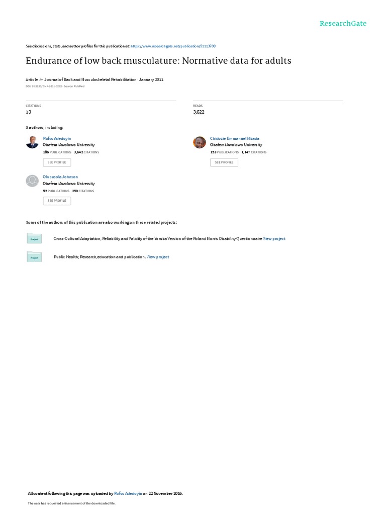 Endurance of Low Back Musculature: Normative Data For Adults | PDF ...