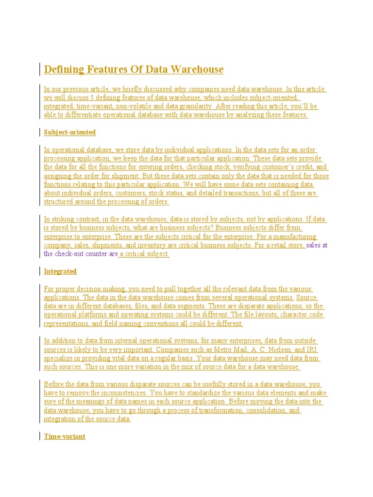 Defining Features of Data Warehouse | PDF | Business | Data Warehouse