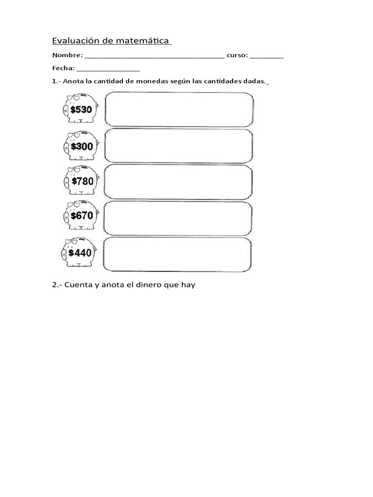 Evaluación de Matemática Moneda | PDF