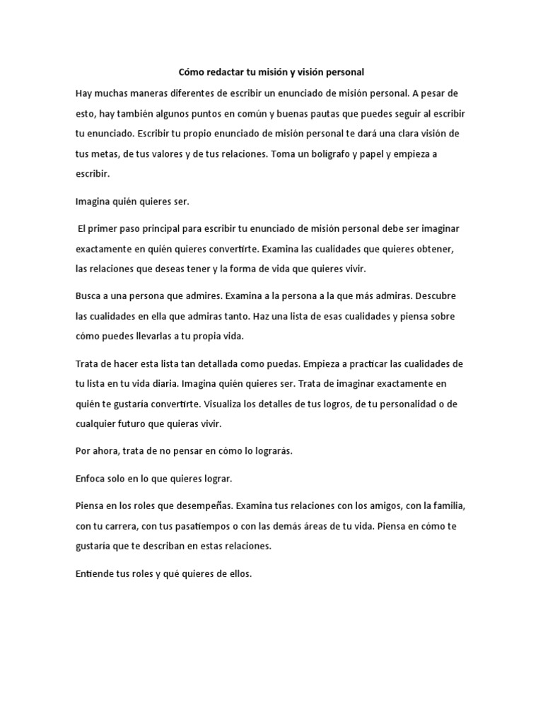 Cómo Redactar Tu Misión y Visión Personal | PDF