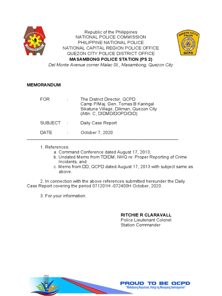 Daily Report from Masambong Police Station Detailing Three Traffic ...