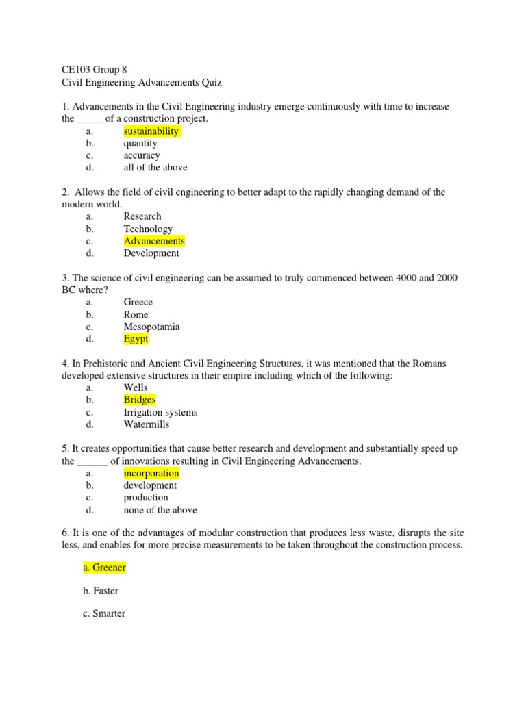 Engineering management-QUIZ-ANSWER-KEY | PDF | Engineering | Civil ...