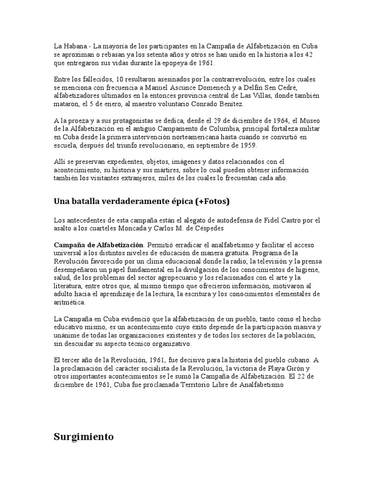 Campaña de Alfabetización en Cuba Breves Ideas | PDF | Cuba | Fidel Castro