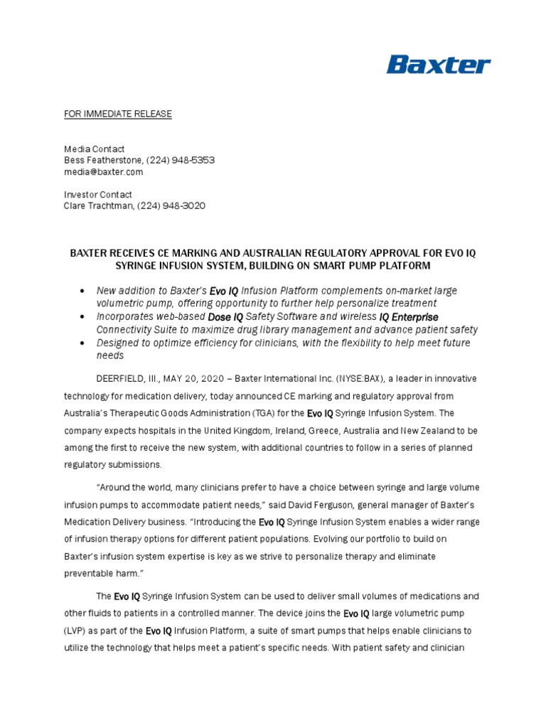 Baxter Evo IQ Syringe System Launch | PDF | Intravenous Therapy ...