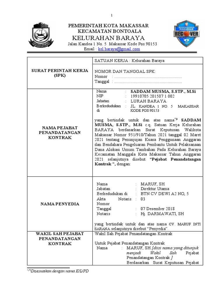 Contoh Surat Perintah Kerja (SPK) | PDF