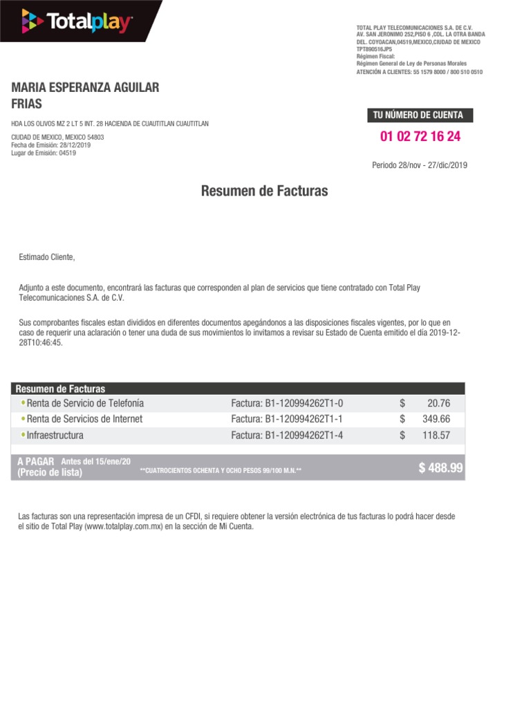 Factura Total Play: Nov-Dic 2019 | PDF | Factura