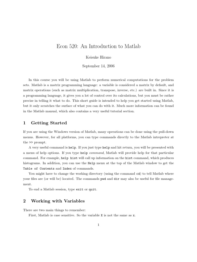 Econ 520: An Introduction To Matlab: 1 Getting Started | PDF | Matrix ...