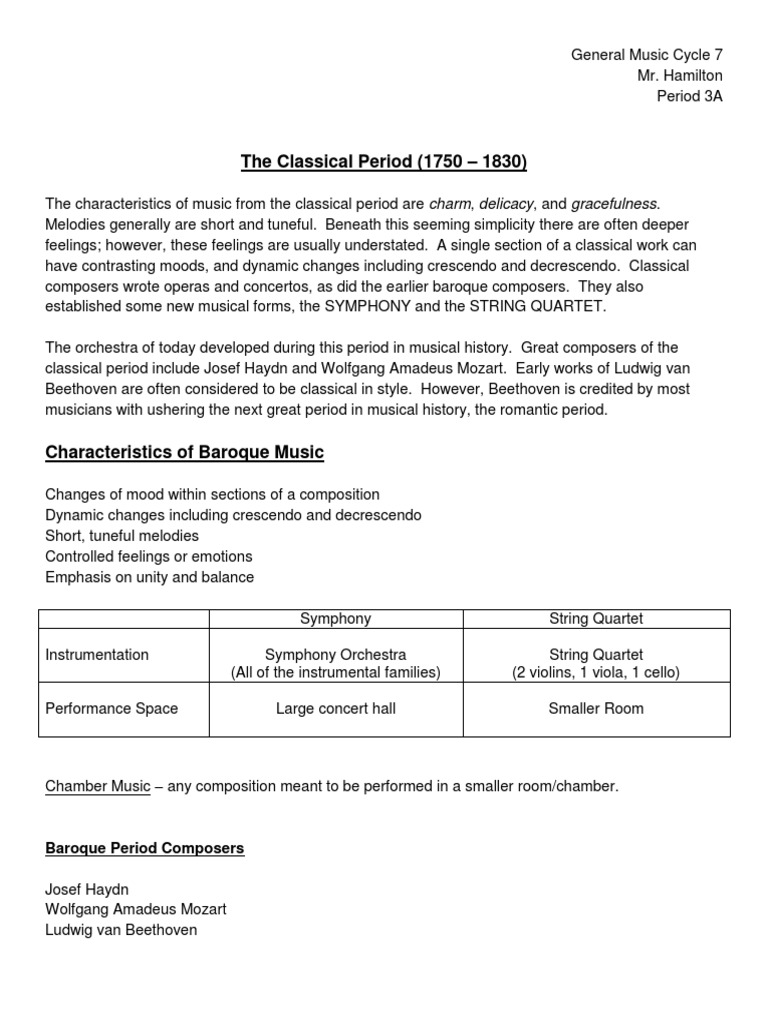 Classical Period Notes | PDF | Classical Period (Music) | Classical Music
