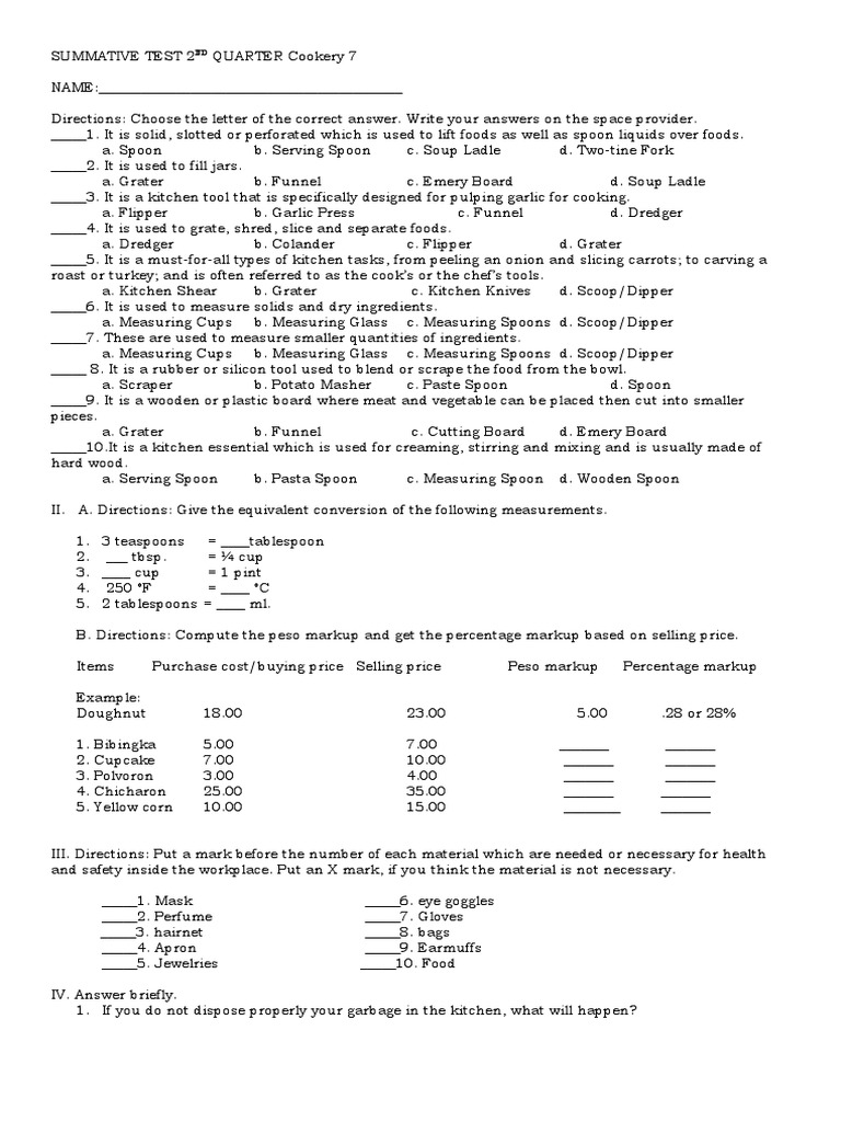 SUMMATIVE TEST 2ND QUARTER Cookery 7 | PDF | Malnutrition | Human Nutrition