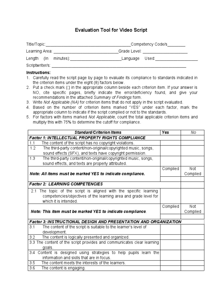 Evaluation Tool For Video Script: Instructions | PDF | Educational ...