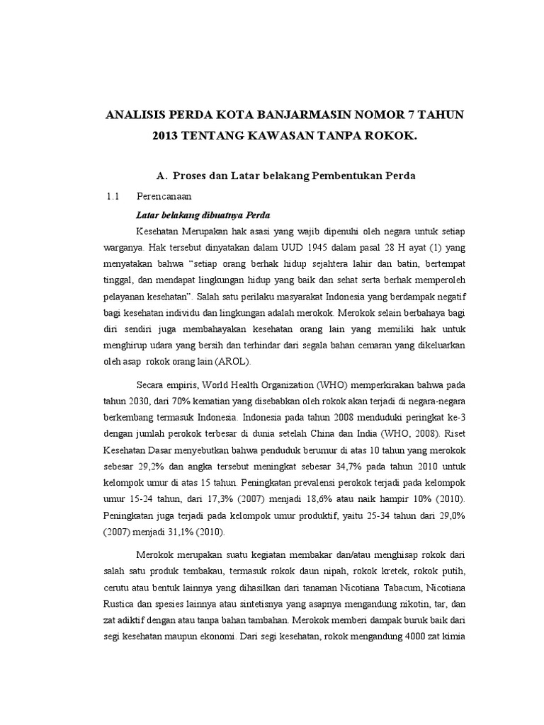 Analisis Perda Kota Banjarmasin Nomor 7 Tahun 2013 Tentang Kawasan Tanpa Rokok | PDF