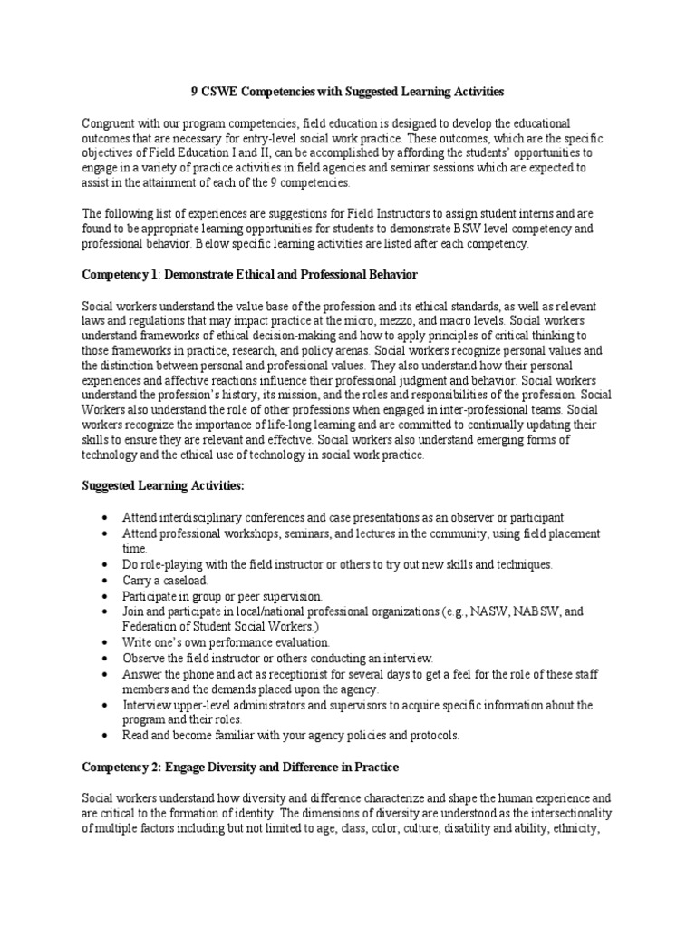 9 CSWE Competencies With Suggested Learning Activities 8.17.17 | PDF ...
