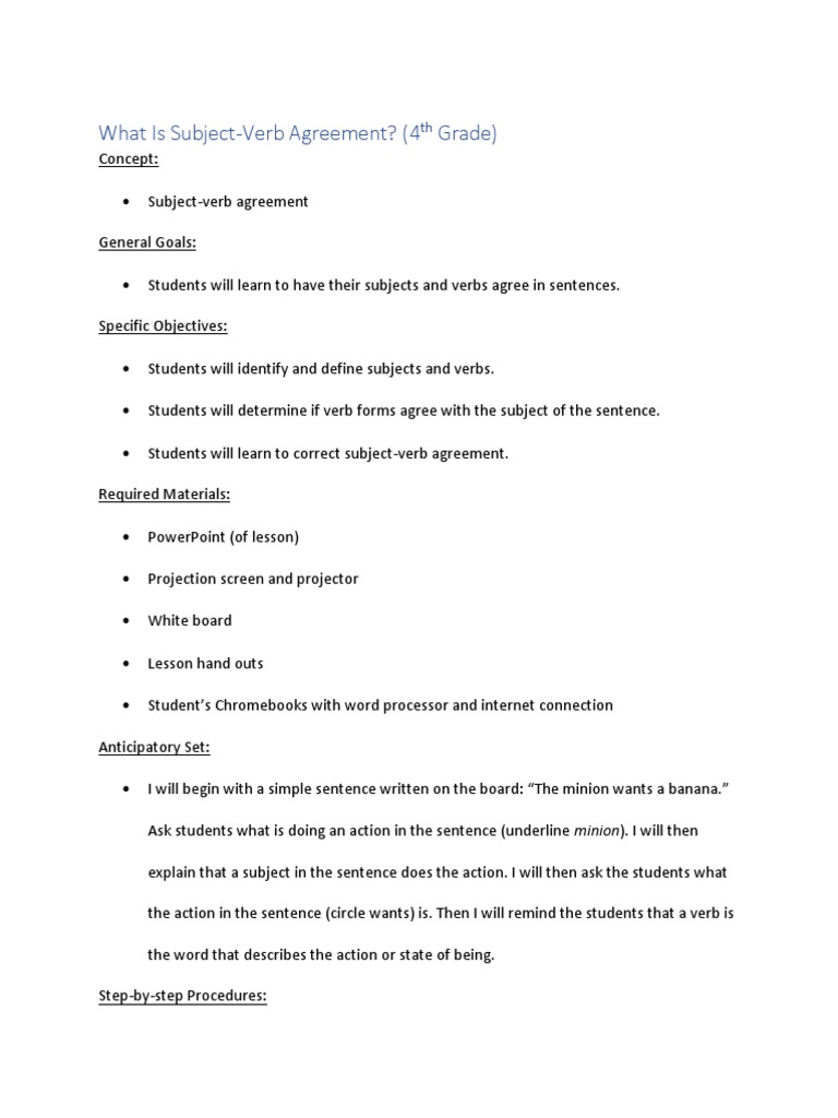 Subject Verb Agreement Lesson Plan | PDF | Subject (Grammar) | Verb
