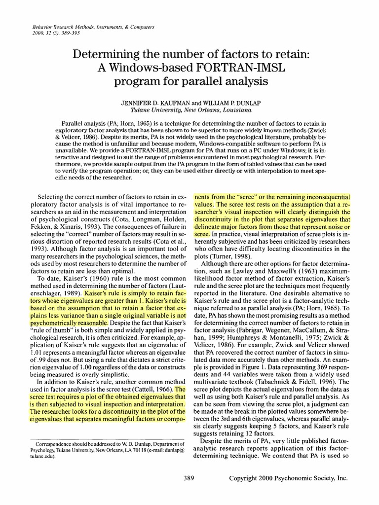 Determining The Number of Factors To Retain: Windows-Based FORTRAN-IMSL Program For Parallel ...