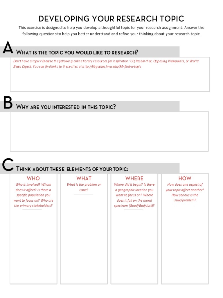 Developing a Thoughtful Research Topic: Guiding Questions and Resources ...