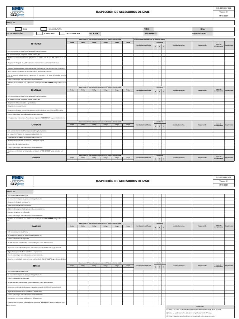 SIG-SSOMA-F-036 Inspección de Accesorios de Izaje | PDF SIG-SSOMA-F-036 Inspección de Accesorios de Izaje | PDF