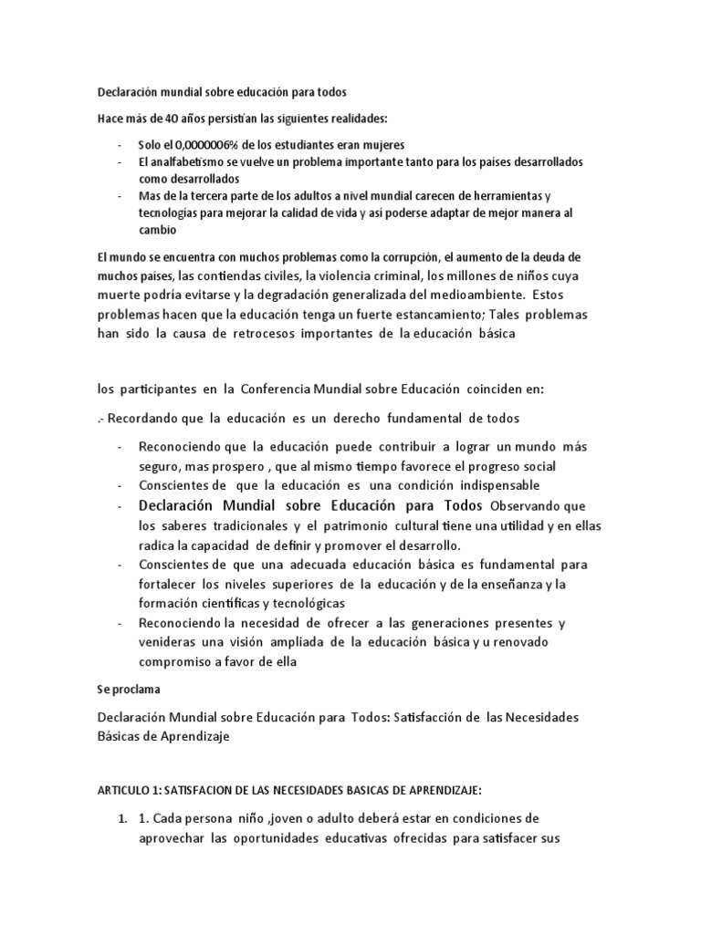 Declaración Mundial Sobre Educación Para Todos Pdf Educación