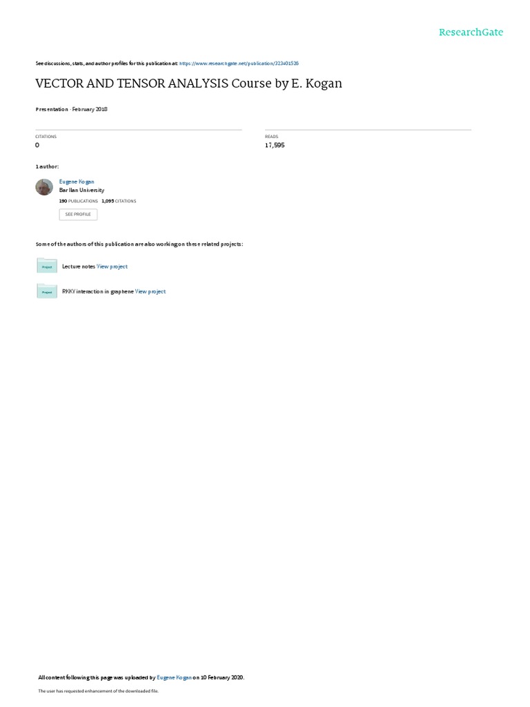 Vector and Tensor Analysis Course by E. Kogan: February 2018 | PDF | Tensor | Euclidean Vector