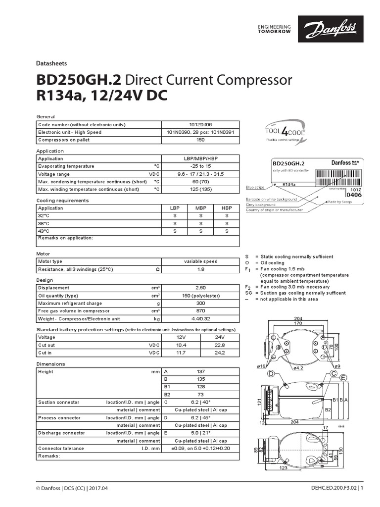 BD250GH.2 Direct Current Compressor R134a, 12/24V DC: Datasheets | PDF ...