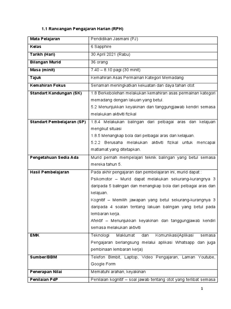 RPH PJ Tahun 6 | PDF