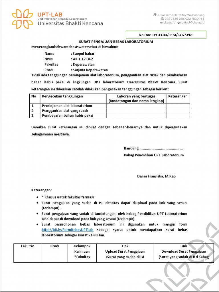 (Tazkiya S.F) Surat Pengajuan Bebas Lab | PDF