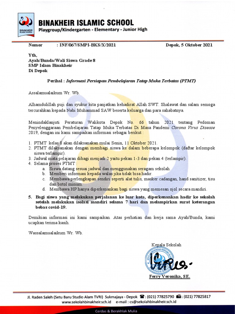 067 - Inf - Surat PTMT Grade 8 | PDF