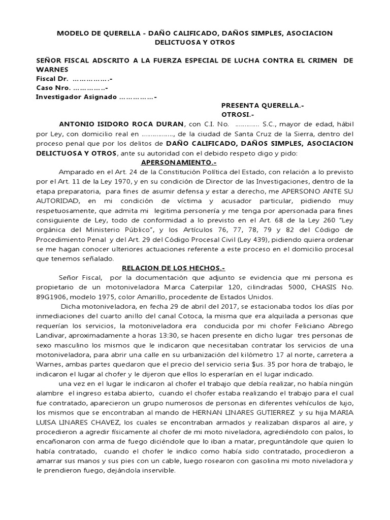 Querella por daños materiales y agresión física durante incidente en propiedad privada | PDF ...