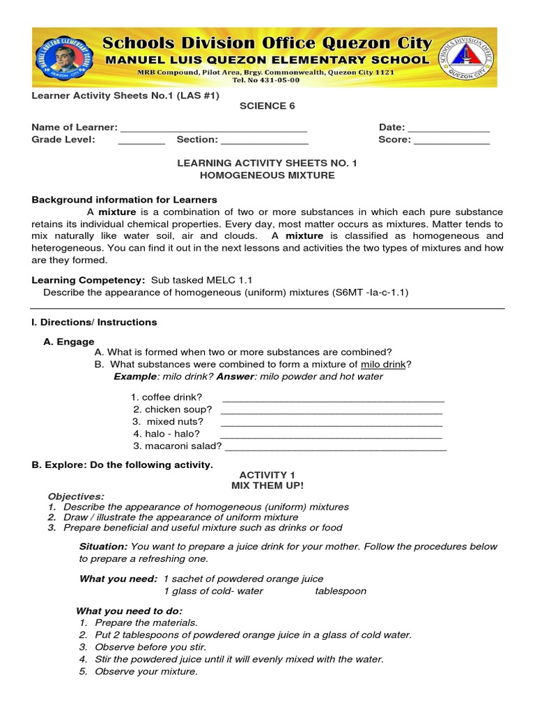 Learning Activity Sheet 1 - Homogeneous Mixtures | PDF | Mixture ...