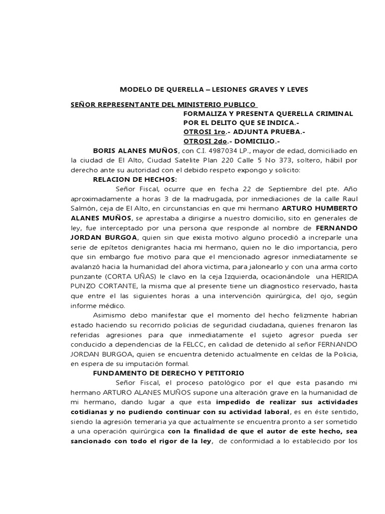 Querella - Lesiones Graves y Leves | Descargar gratis PDF | Queja | Derecho penal