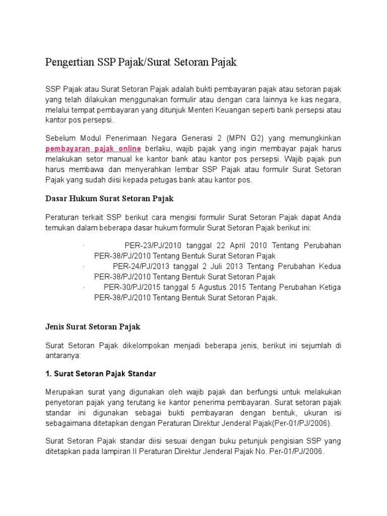 Pengertian SSP Pajak-Surat Setoran Pajak | PDF