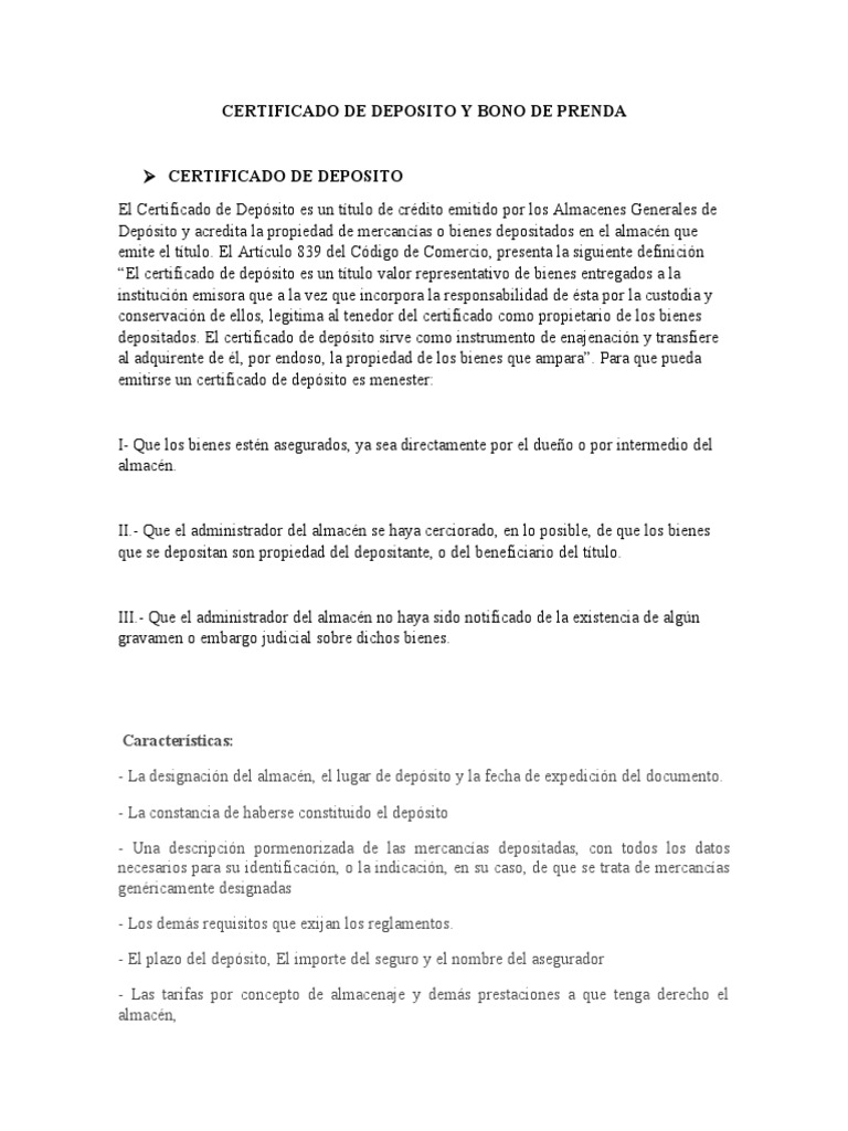 Certificado De Deposito Y Bono De Prenda Pdf Instrumento Negociable