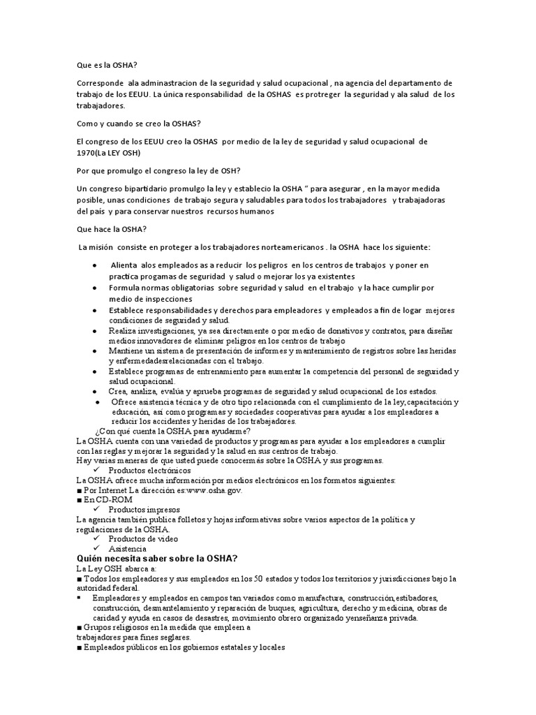 Que Es La OSHA | PDF | Administración de Seguridad y Salud Ocupacional ...