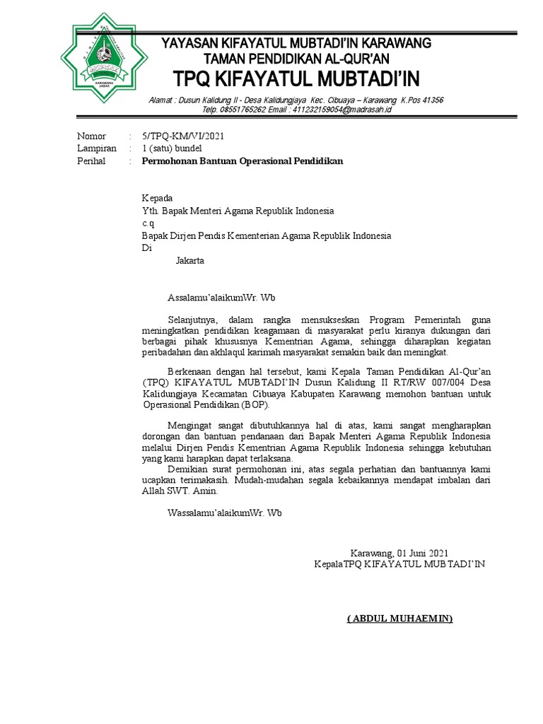 Contoh Proposal BOP TPQ 2021 | PDF