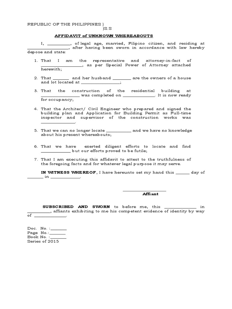 Affidavit of Unknown Whereabouts | PDF