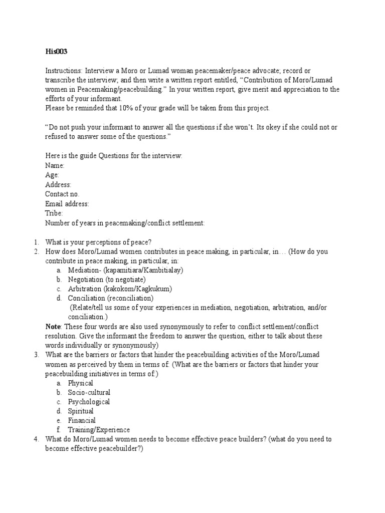Guide Question For The Interview | PDF | Peacebuilding | Peace