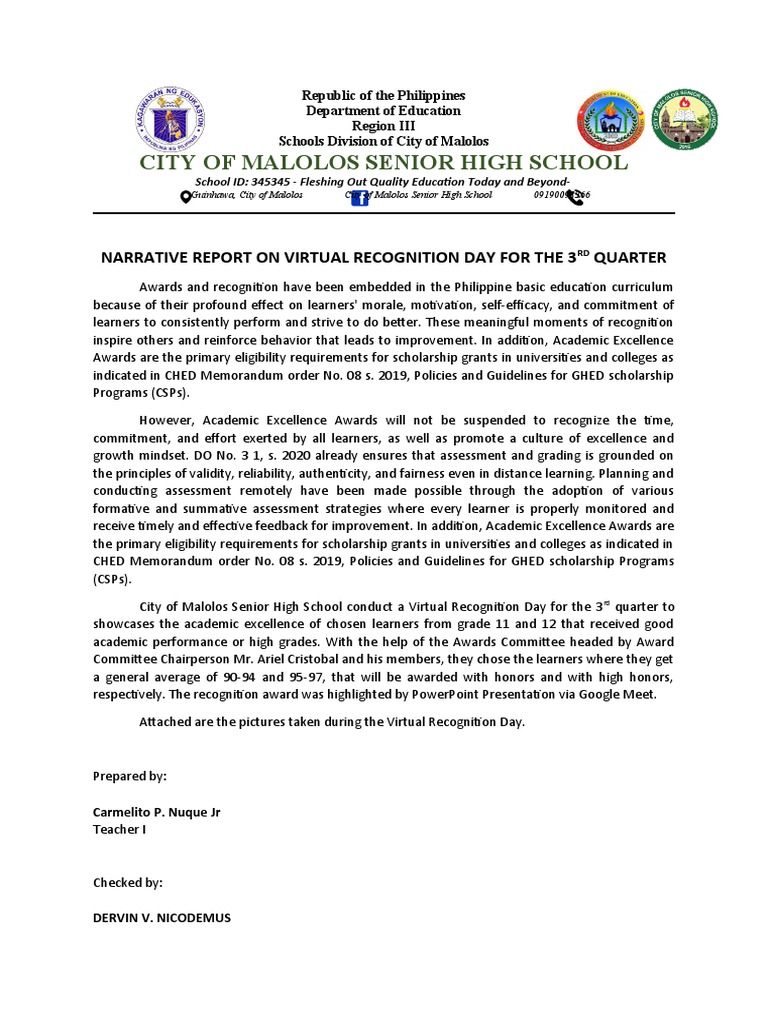 Narrative Report On Virtual Recognition Day 3rd Quarter | PDF ...