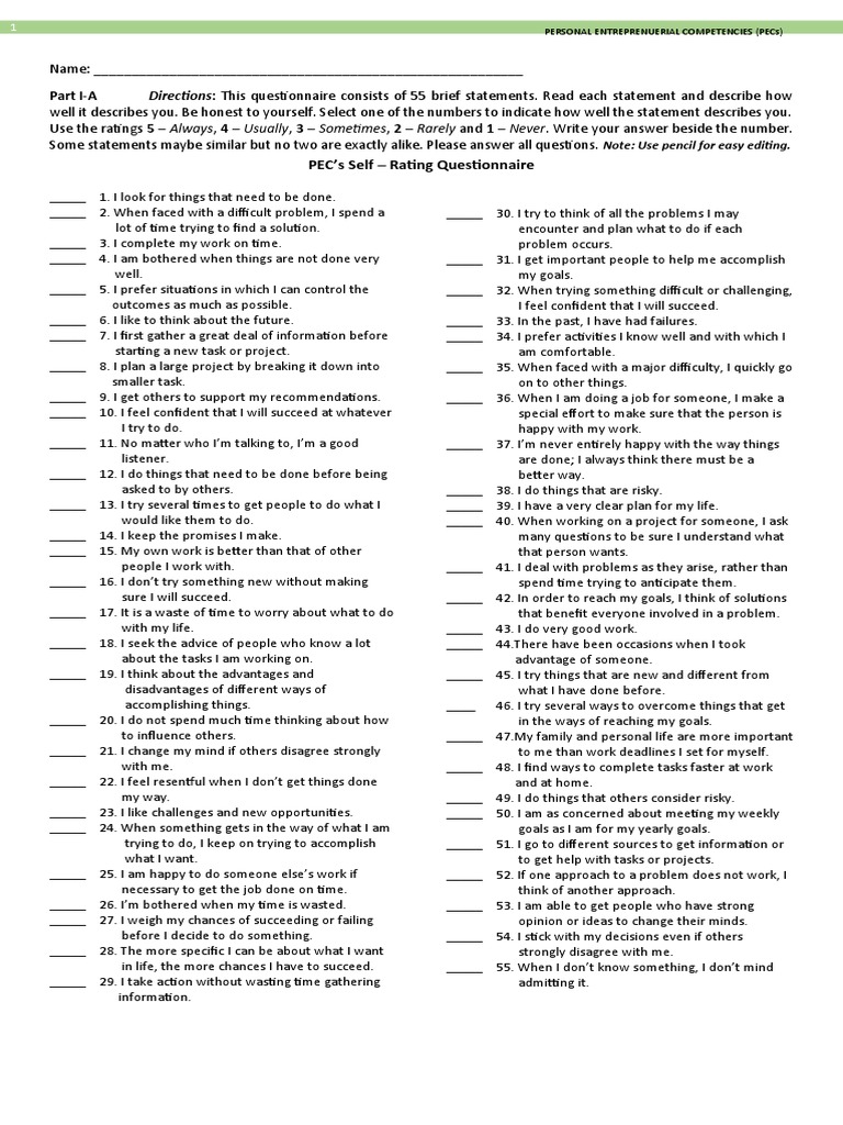 PECs Questionnaire 1 | PDF | Psychology | Psychological Concepts