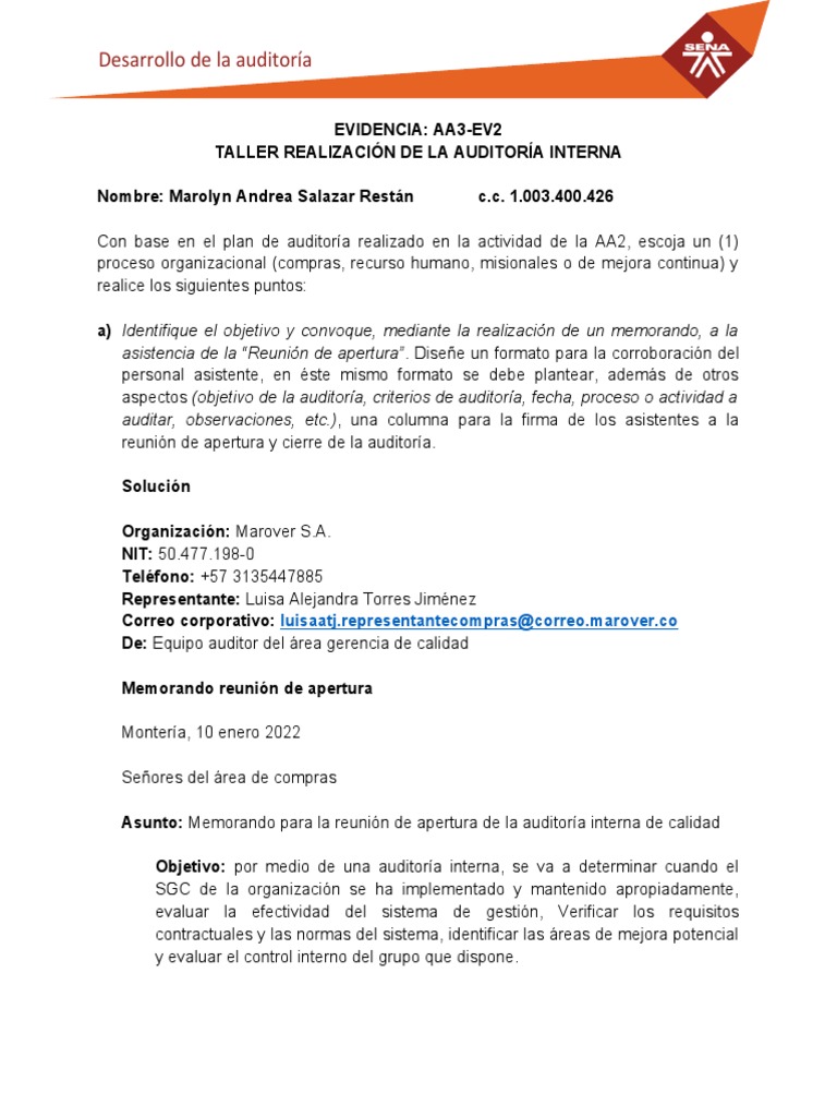 Formato Evidencia AA3 Ev2 Taller | PDF | Auditoría | Sistema de manejo de calidad