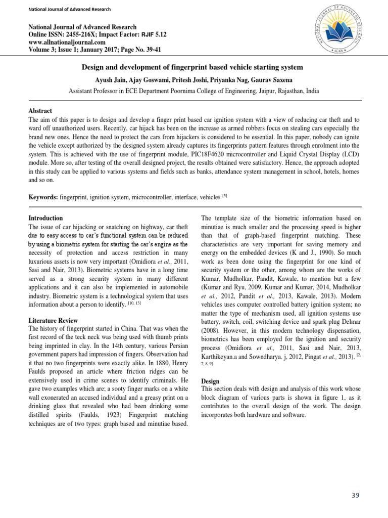 Design and Development of Fingerprint Based Vehicle Starting System ...