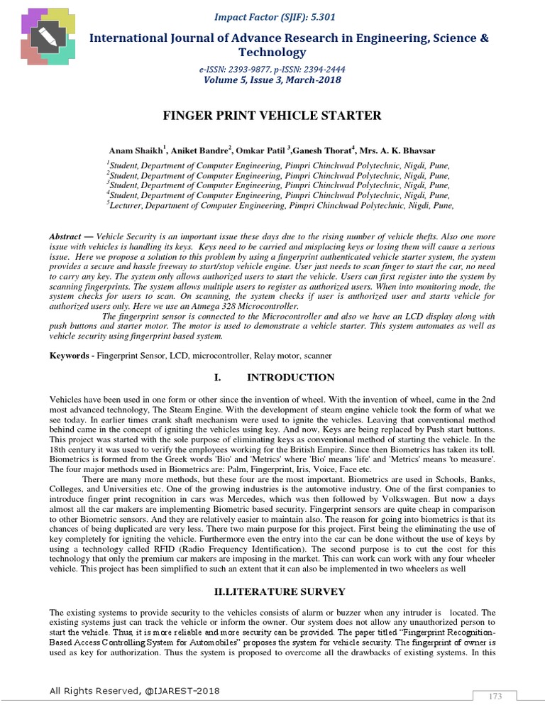 Fingerprint Vehicle Starter System | PDF | Biometrics | Fingerprint