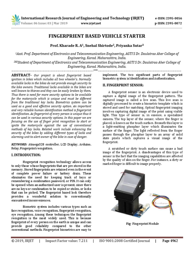 Fingerprient Based Vehicle Starter | PDF | Arduino | Fingerprint