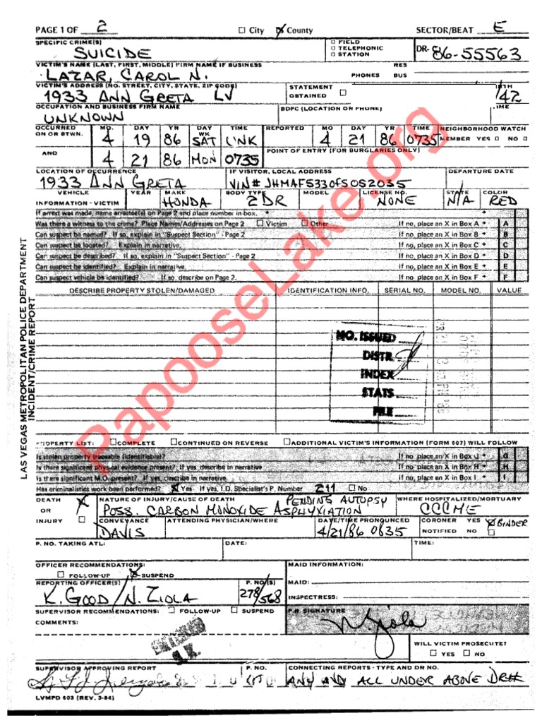 Carol Nadine Lazar Death Police Report (Bob Lazar) | PDF