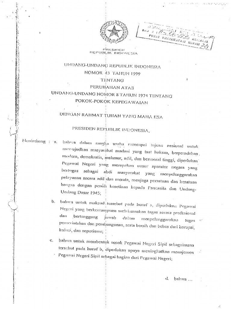 Uu Nomor 43 Tahun 1999@perubahan Atas Uu Nomor 8 Tahun 1974 Tentang Pokok-Pokok Kepegawaian | PDF