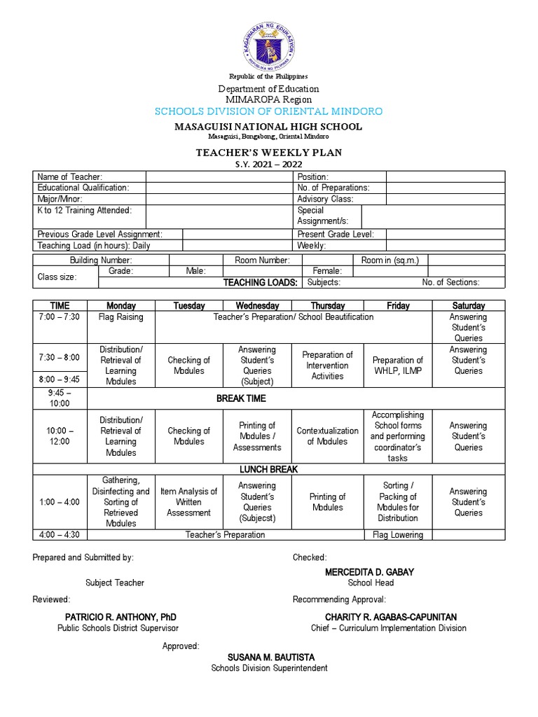 Teacher's Weekly Plan Template 2021-2022 | PDF | Teachers | Education ...