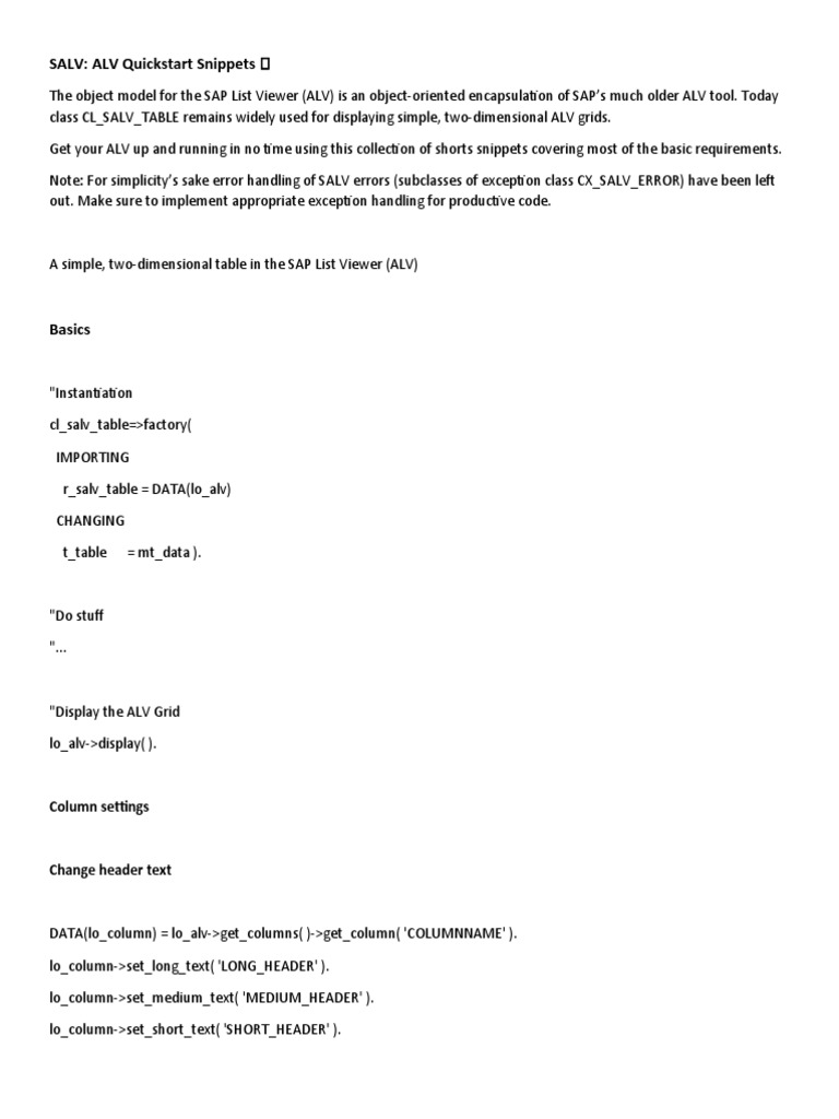 SALV: ALV Quickstart Snippets : Column Settings | PDF | Subroutine | Class (Computer Programming)