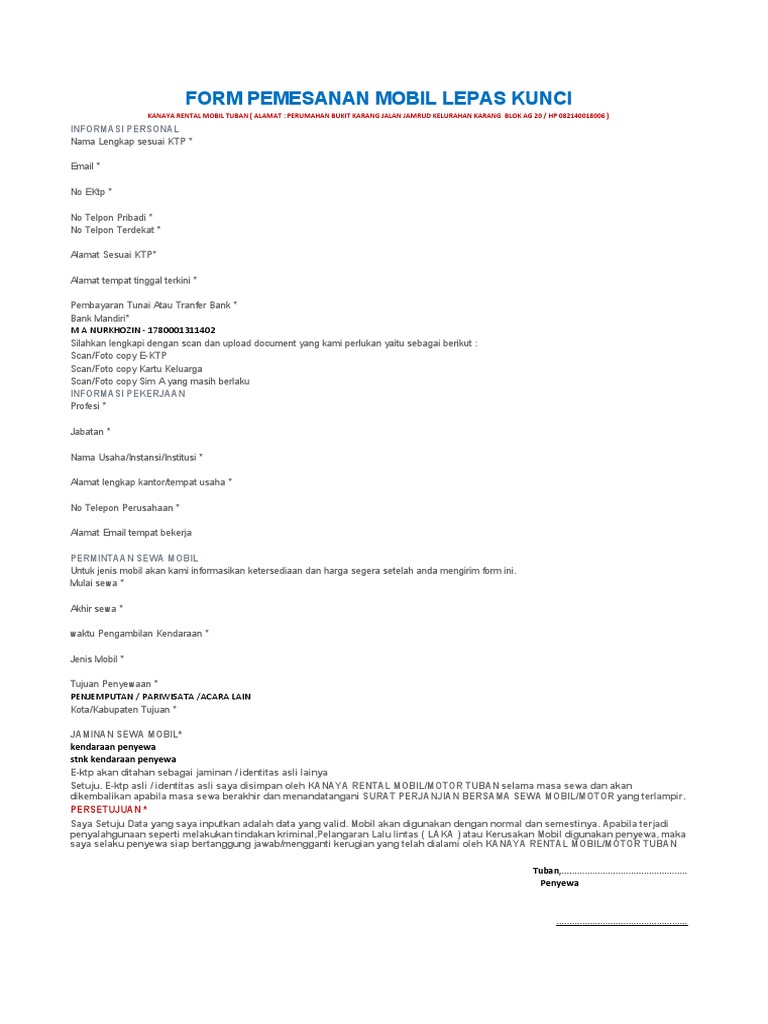 Formulir Rental Mobil | PDF